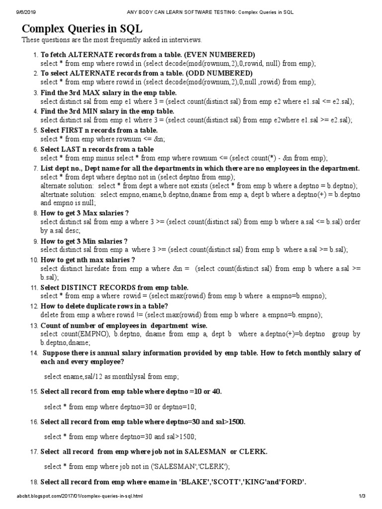 Any Body Can Learn Software Testing - Complex Queries in SQL | PDF ...