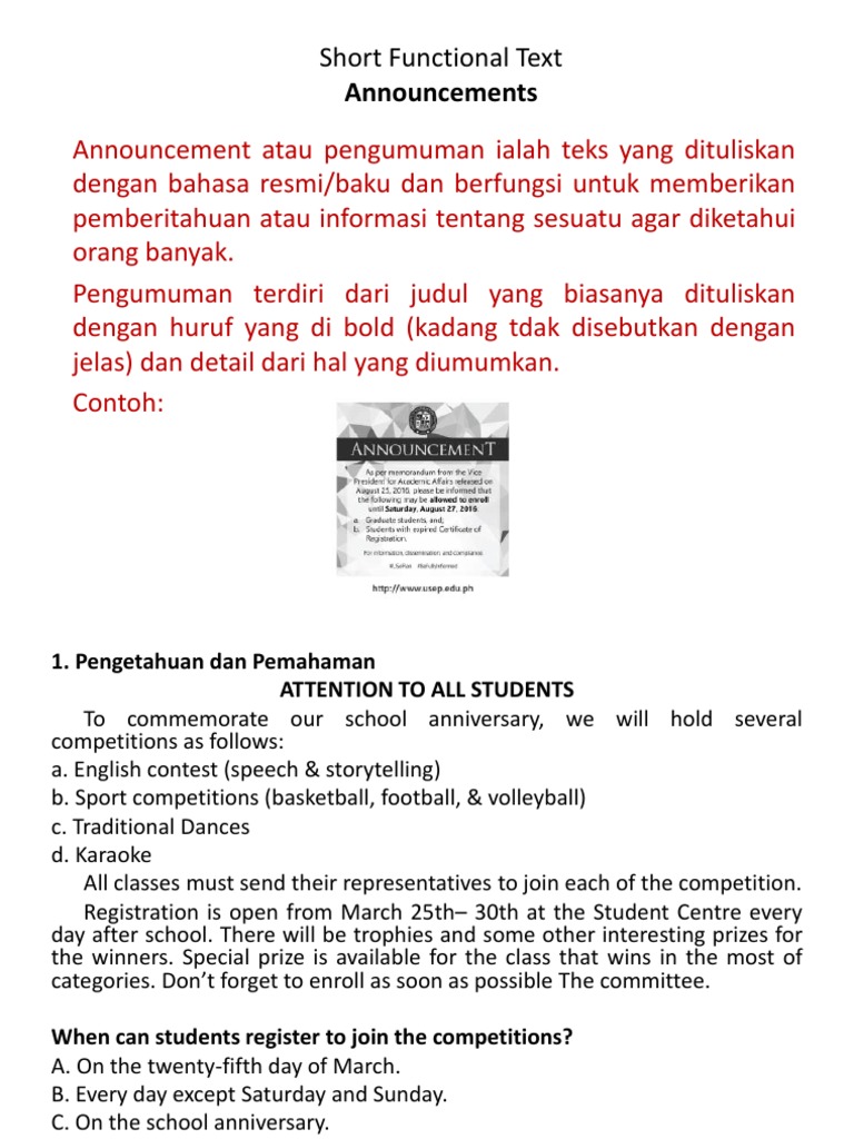 Announcements: Short Functional Text | PDF | Language Arts & Discipline