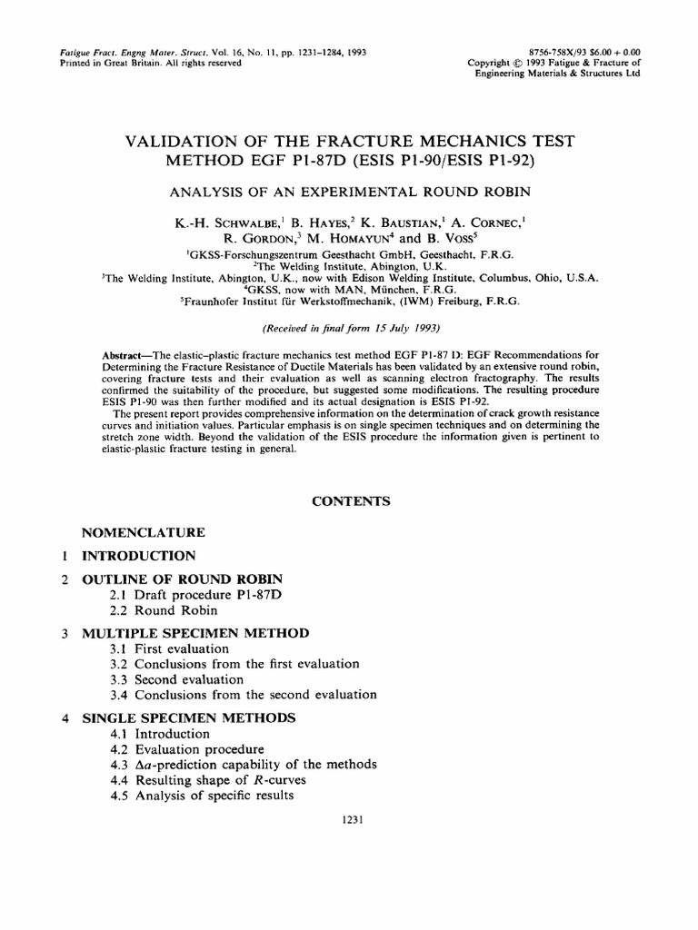 Validation of The Fracture Mechanics Test METHOD EGF P1-87D (ESIS P1 ...