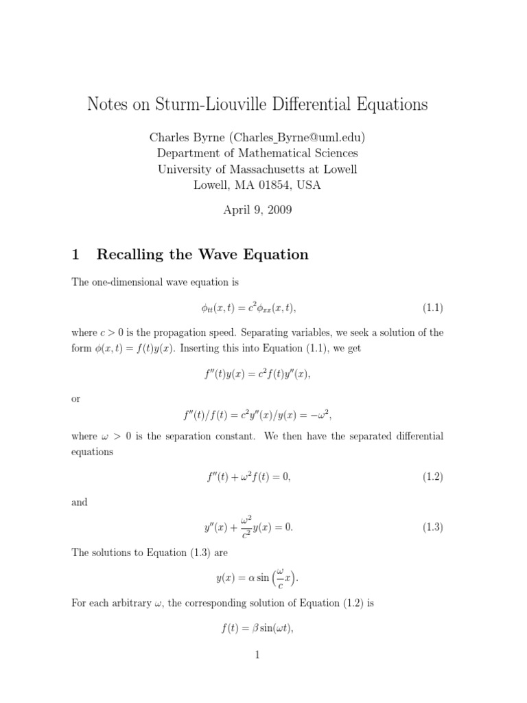 Notes On Sturm Liouville Differential Equations 1 Recalling The Wave Equation Pdf Matrix