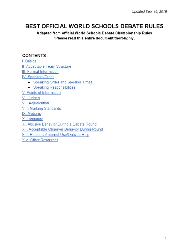 Best Official World Schools Debate Rules | PDF | Argument