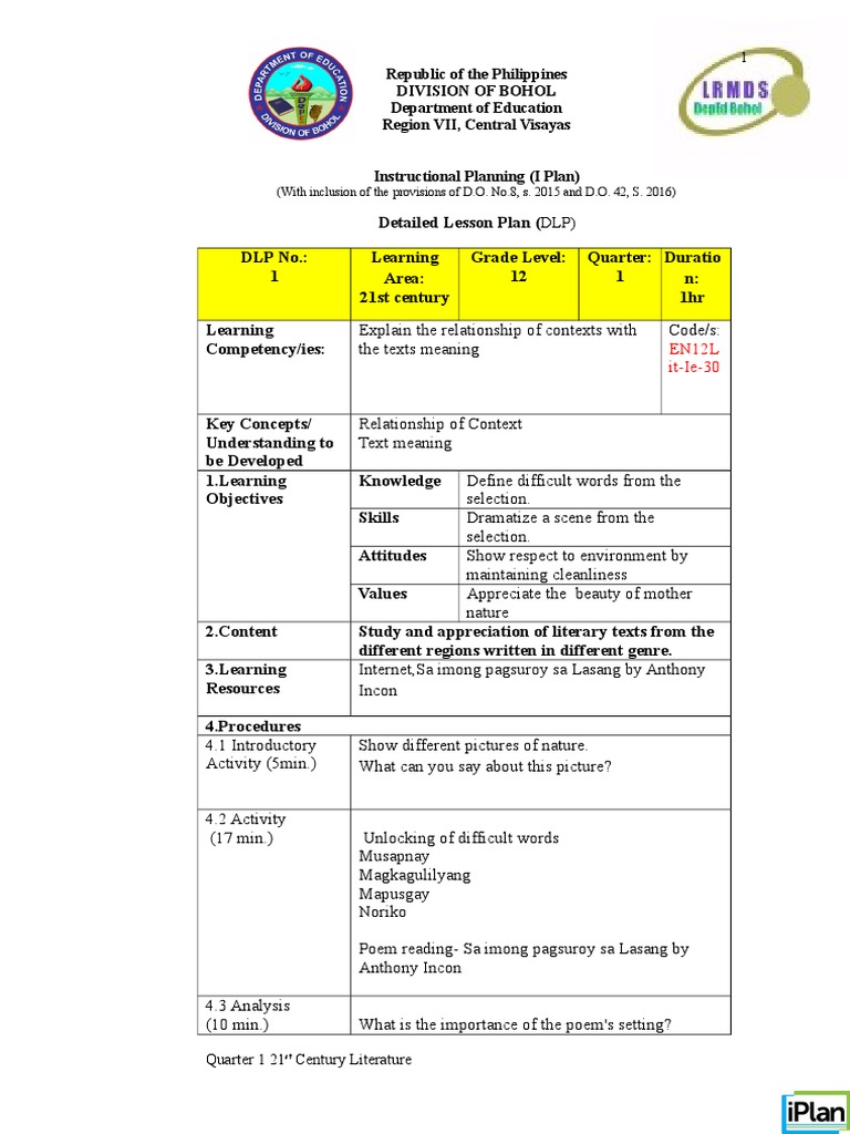 Republic of The Philippines Division of Bohol Department of Education ...