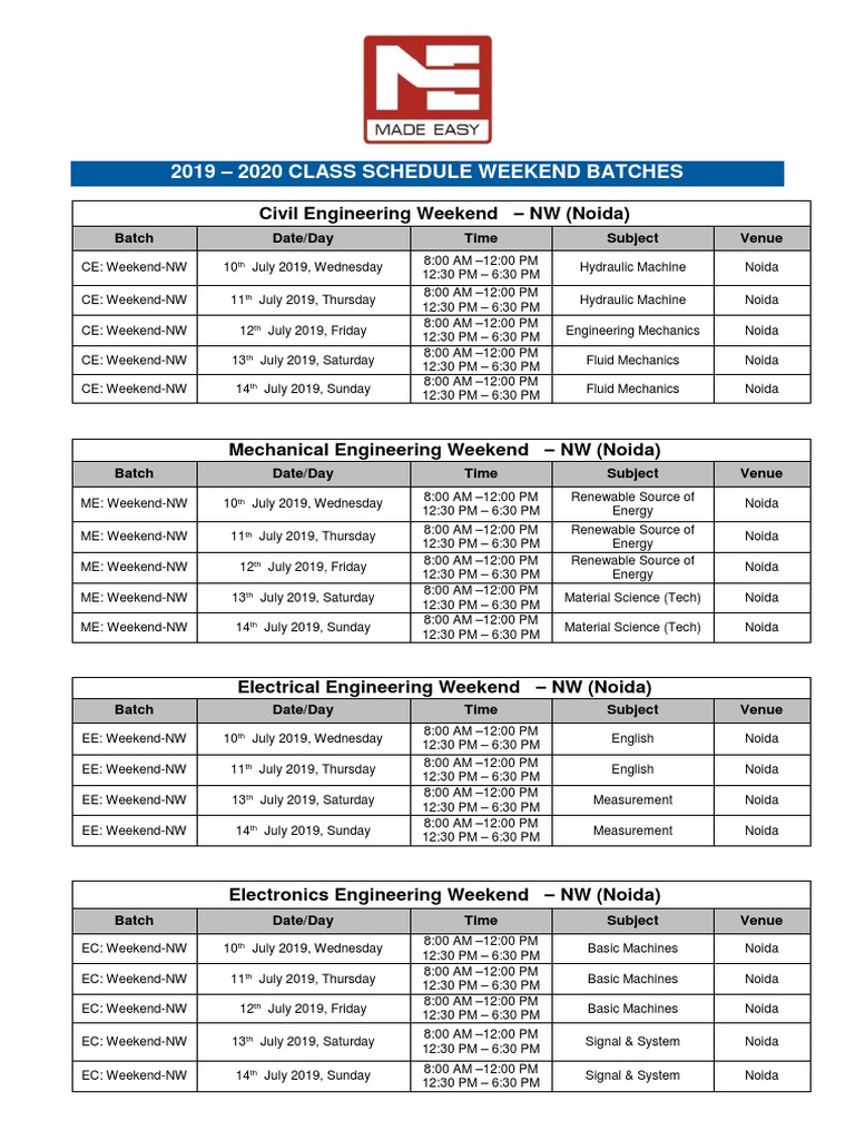 2019 - 2020 Class Schedule Weekend Batches: Civil Engineering Weekend ...