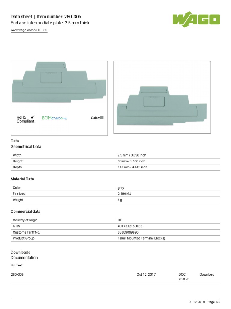 WAGO 280-305 End Plate Data Sheet | PDF