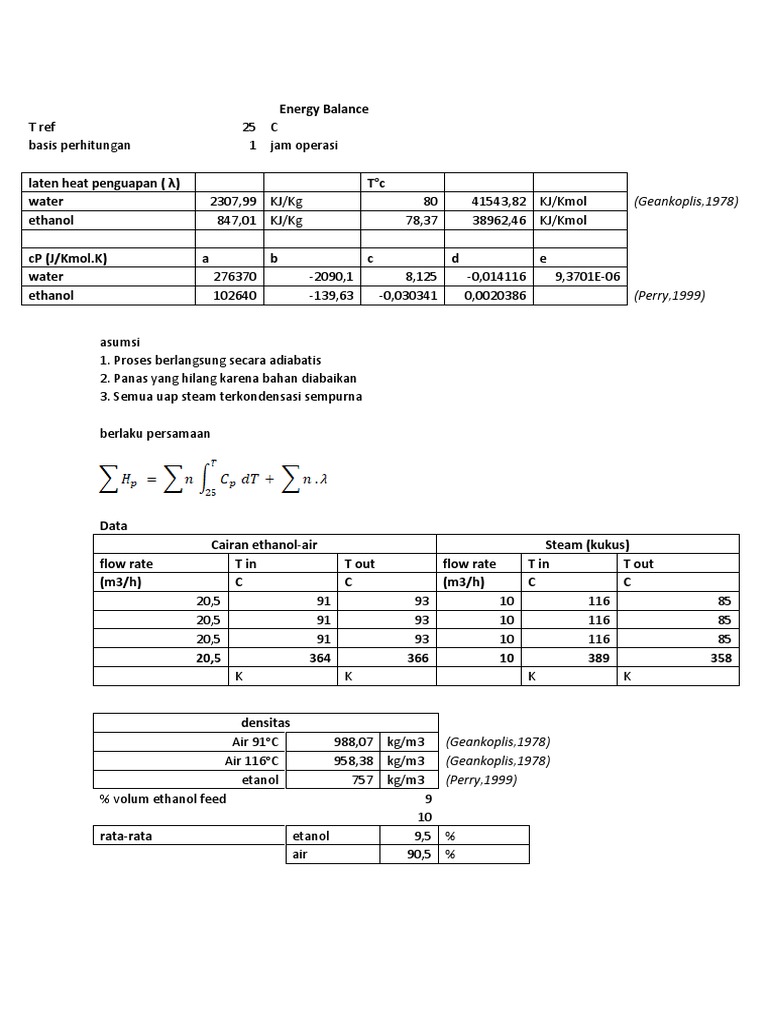 Energy balance calculation for ethanol-water mixture vaporization | PDF ...