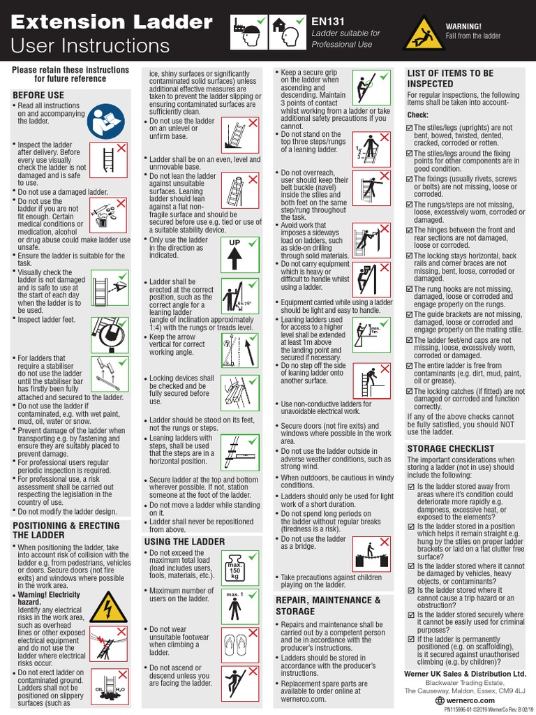 Extension Ladder Professional User Instructions | PDF | Ladder | Hazards
