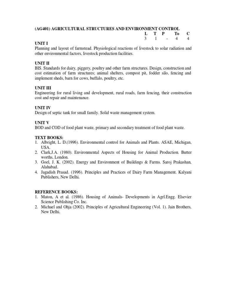 (Ag401) Agricultural Structures and Environment Control L T P To C Unit ...