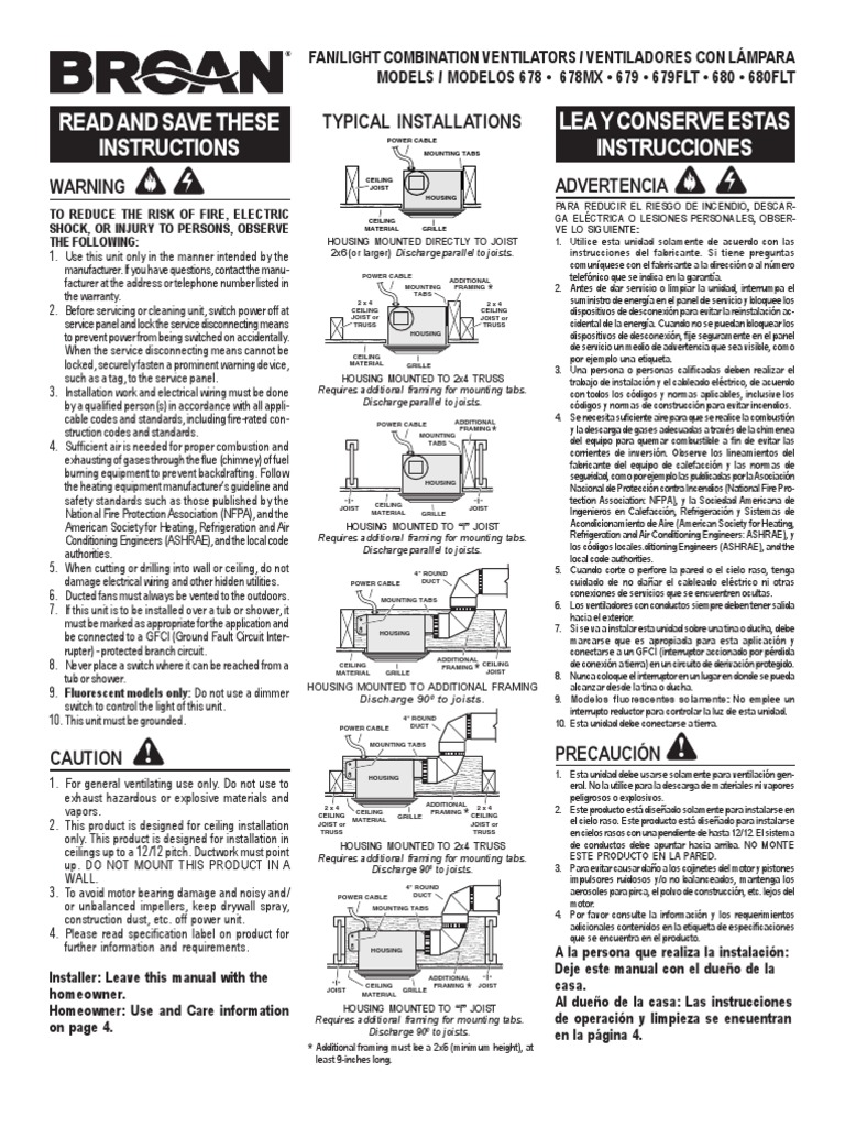 Broan 678 Installation | PDF | Conector eléctrico | Conducto (flujo)