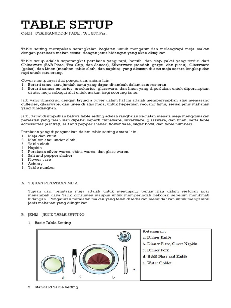 Materi Table Setup Xii Perhotelan | PDF | Memasak, Makanan, & Anggur ...