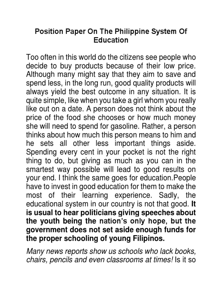 Position Paper On The Philippine System of Education | PDF ...