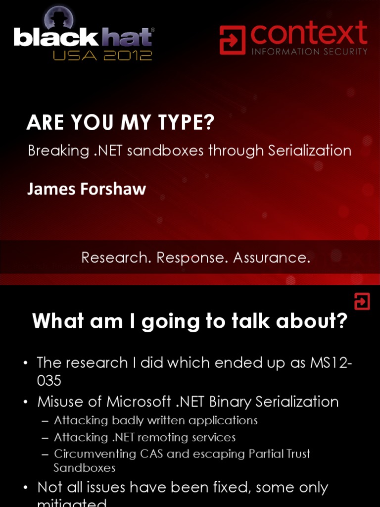 James Forshaw's Are You My Type? Breaking .NET Through Serialization? | PDF | Computer ...
