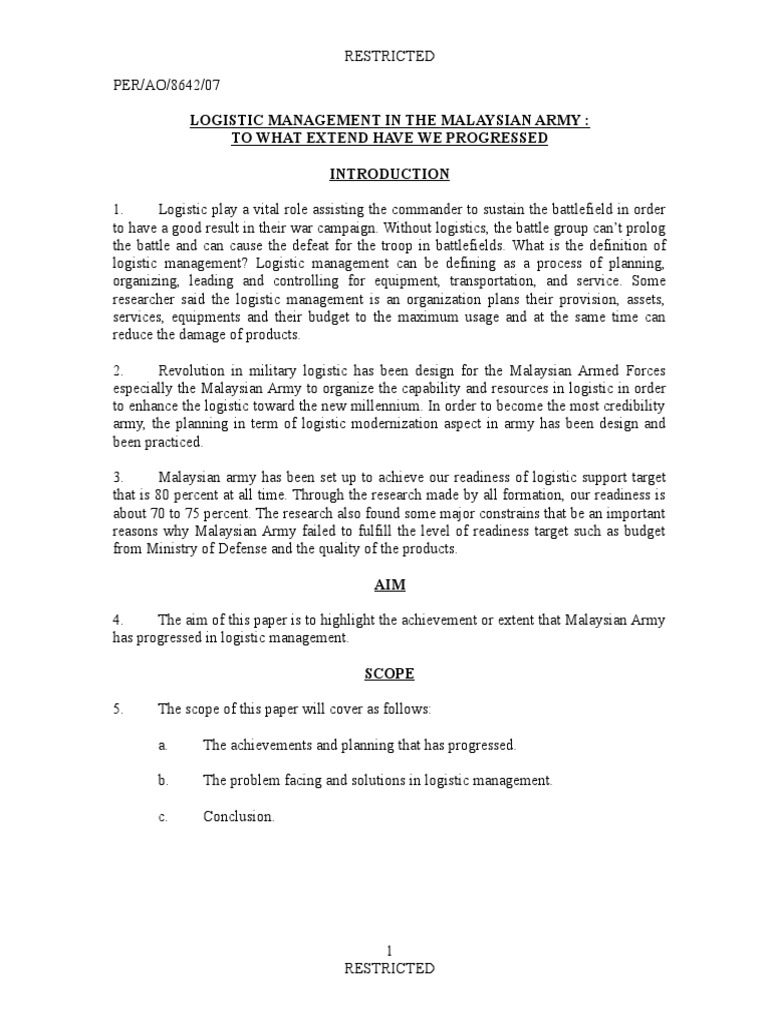 Logistic Management in The Malaysian Army To What Extend Have We ...