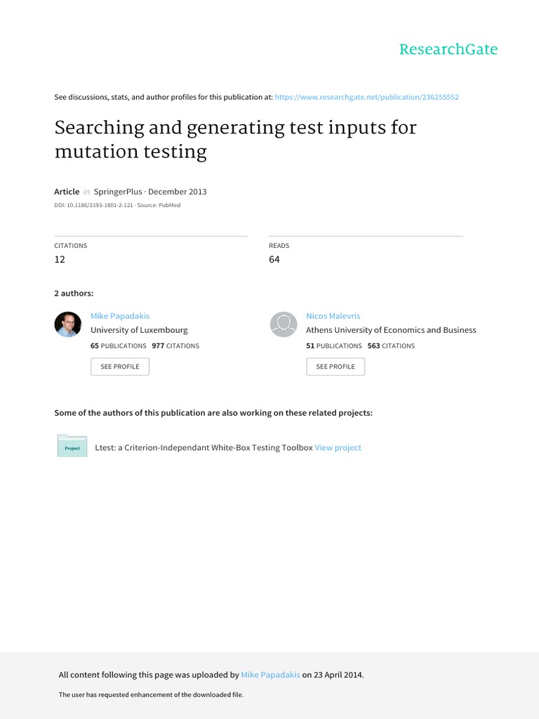 Searching And Generating Test Inputs For Mutation Testing Springerplus December 2013 Pdf
