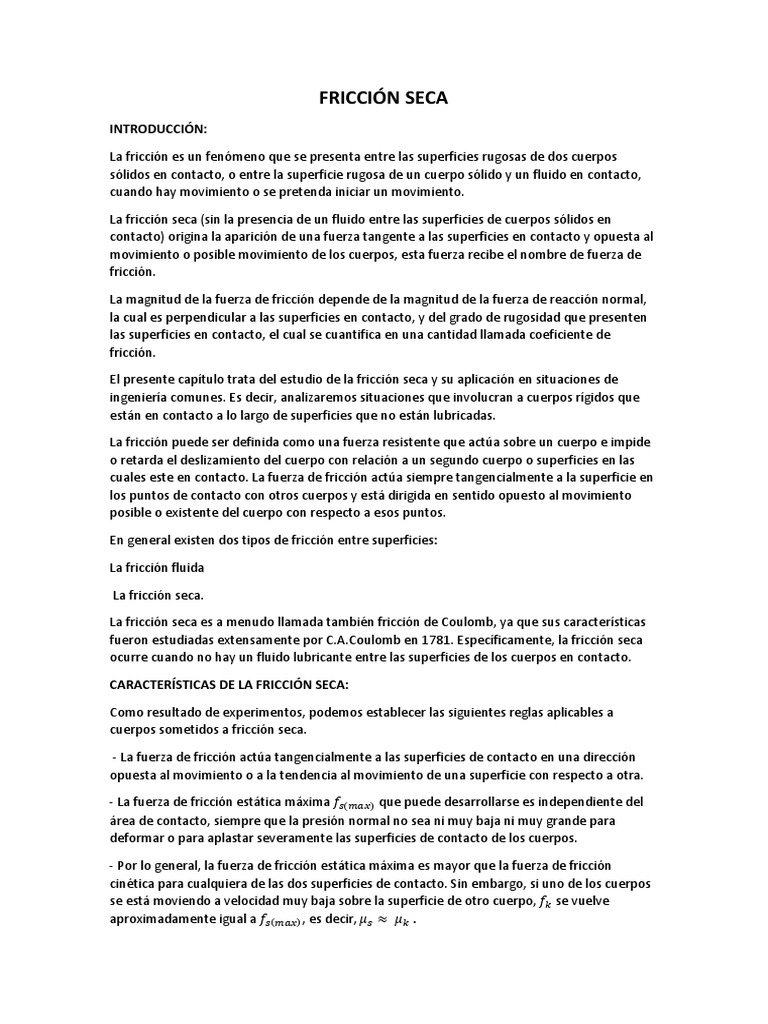 Fricción Seca: Conceptos y Aplicaciones | PDF | Fricción | Fuerza