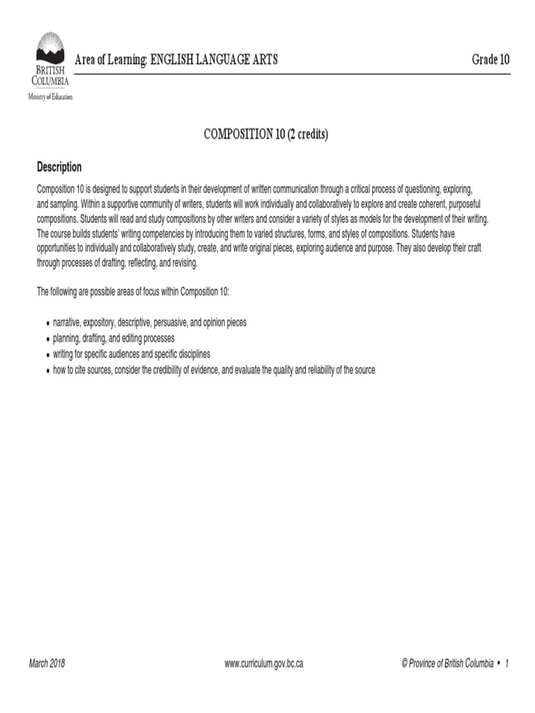 Area of Learning: ENGLISH LANGUAGE ARTS Grade 10: Description | PDF ...
