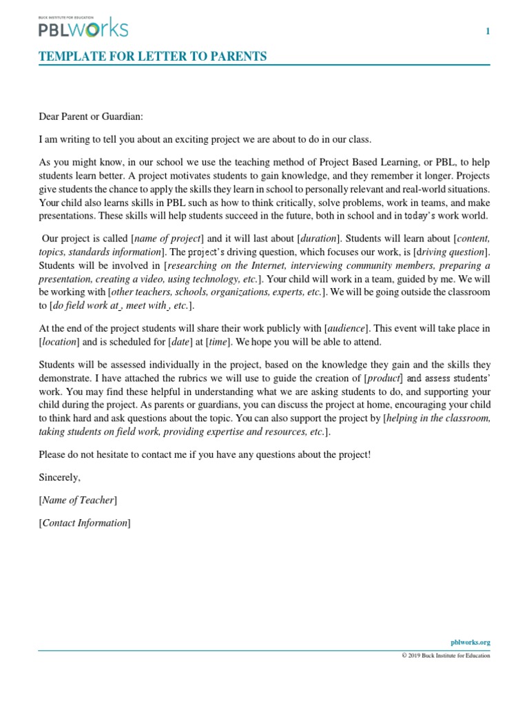 Template For Letter To Parents: © 2019 Buck Institute For Education ...