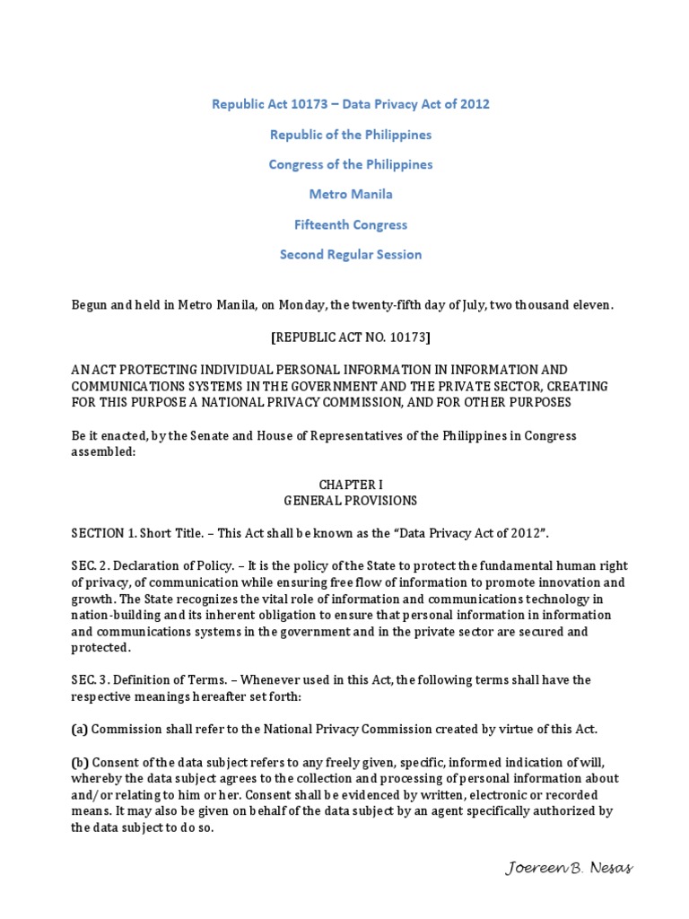 Republic Act 10173 - Data Privacy Act of 2012 | PDF | Personally ...