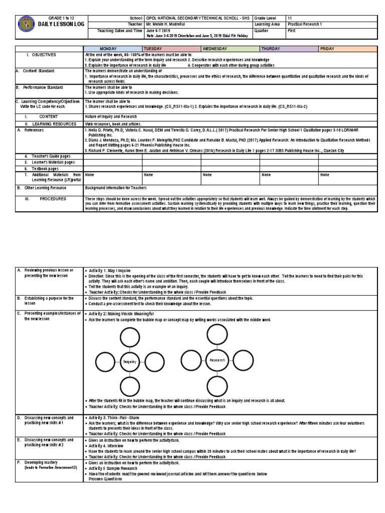 Practical Research 1 Weekly Lesson Plan | PDF | Academic Discipline ...