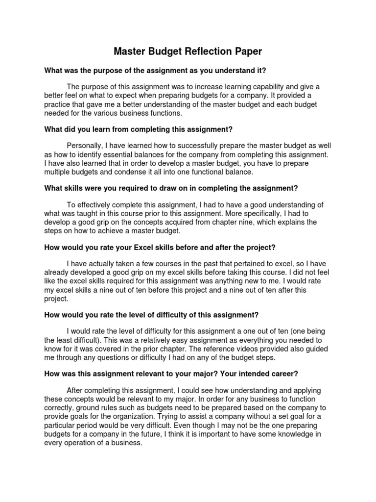Master Budget Reflection | PDF | Understanding | Budget