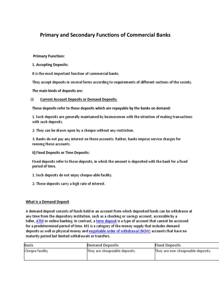 Primary and Secondary Functions of Commercial Banks | PDF | Deposit ...