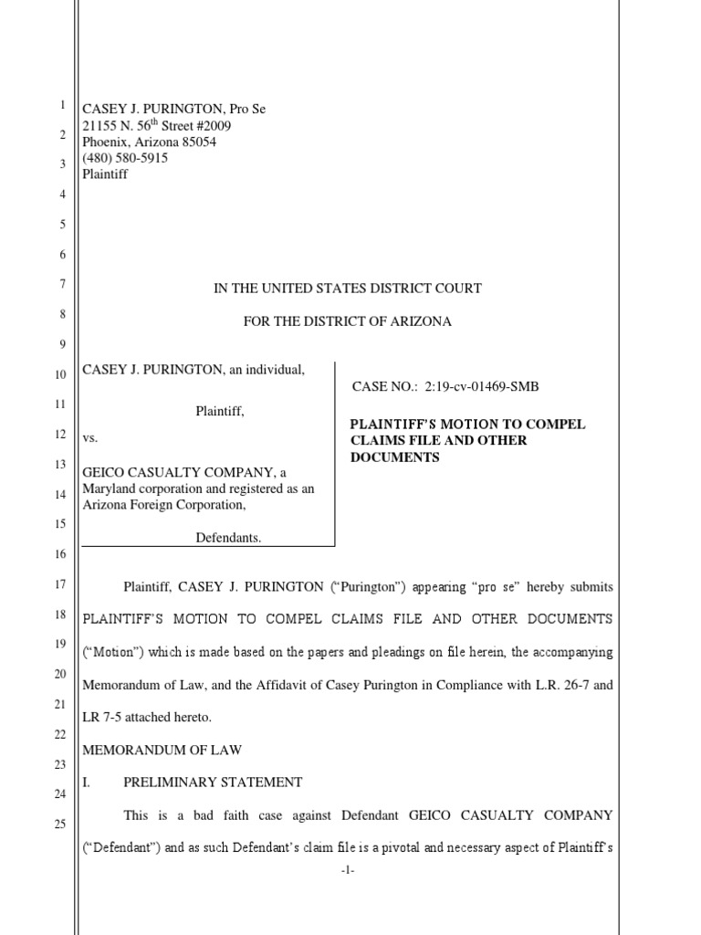Plaintiff's Motion To Compel Defendant's Claim File and Other Documents ...