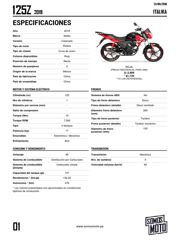 Especificaciones Italika 125Z 2019 | PDF | Motocicleta | Vehículos ...