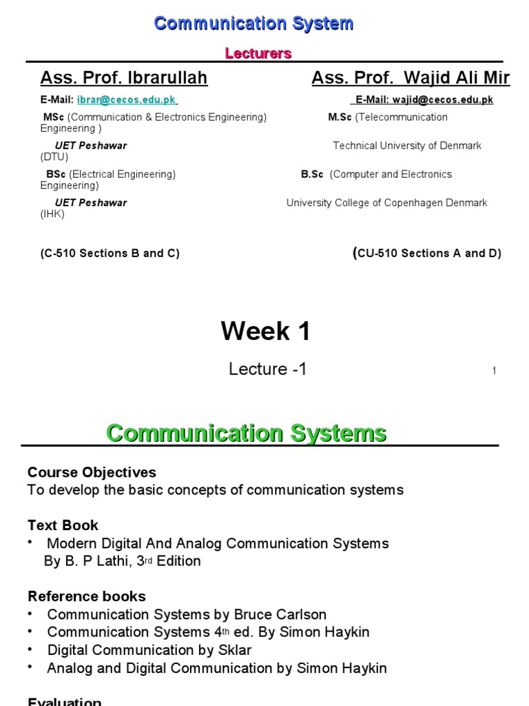 Week 1: Communication System Ass. Prof. Ibrarullah Ass. Prof. Wajid Ali ...