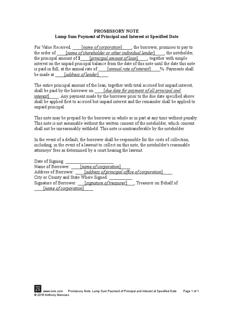Promissory Note Lump Sum Payment of Principal and Interest at Specified ...