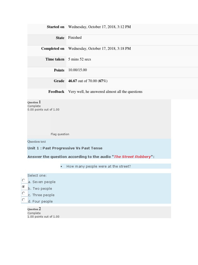 Question Text: Unit 1: Past Progressive Vs Past Tense Answer The ...