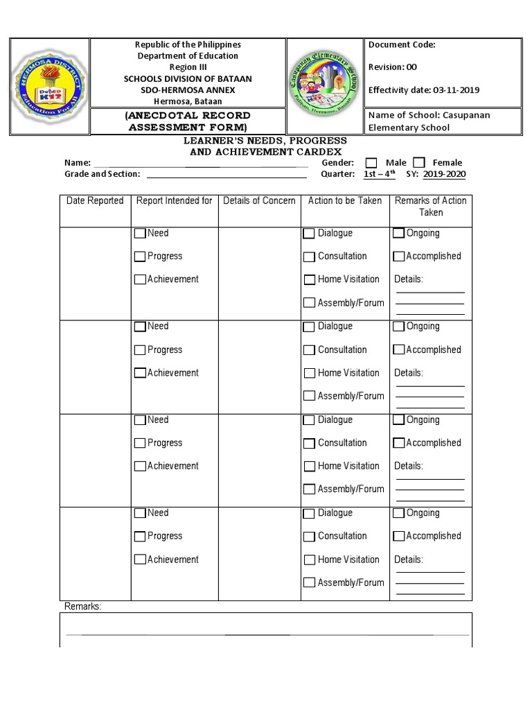 (Anecdotal Record Assessment Form) : Schools Division of Bataan Sdo ...