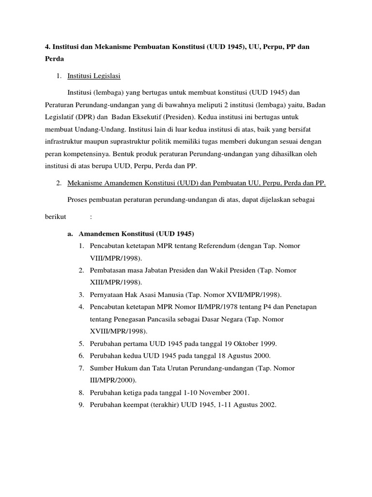 (PKN) Institusi Dan Mekanisme Pembuatan Konstitusi (UUD 1945), UU, Perpu, PP Dan Perda | PDF