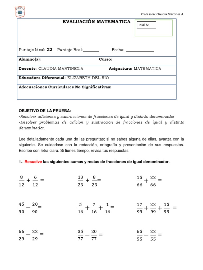 Prueba Suma y Restas de Fracciones | PDF | Fracción (Matemáticas ...
