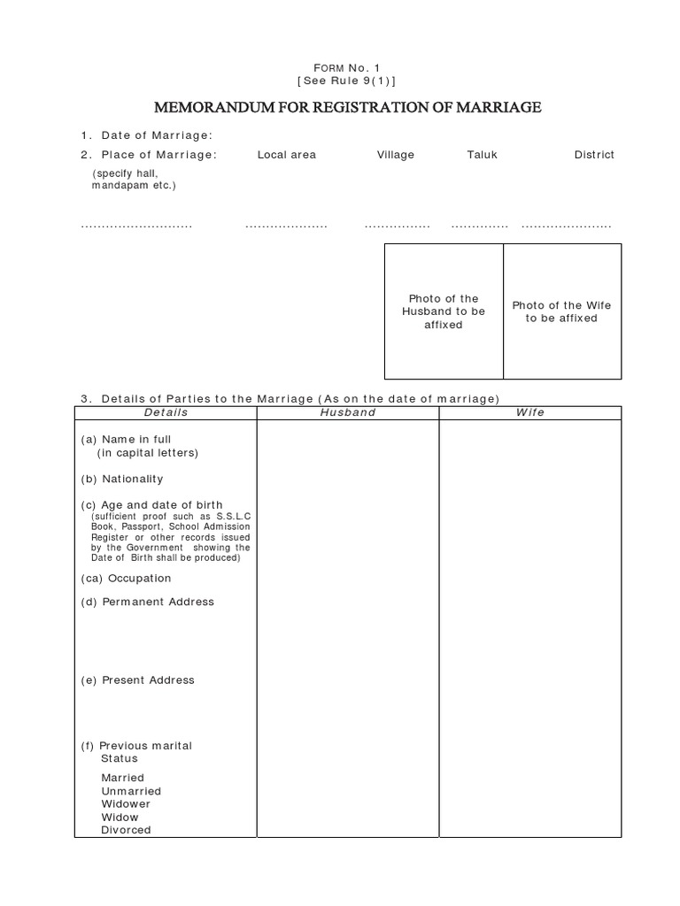 Memorandum for Marriage Registration | PDF | Marriage | Kinship And Descent