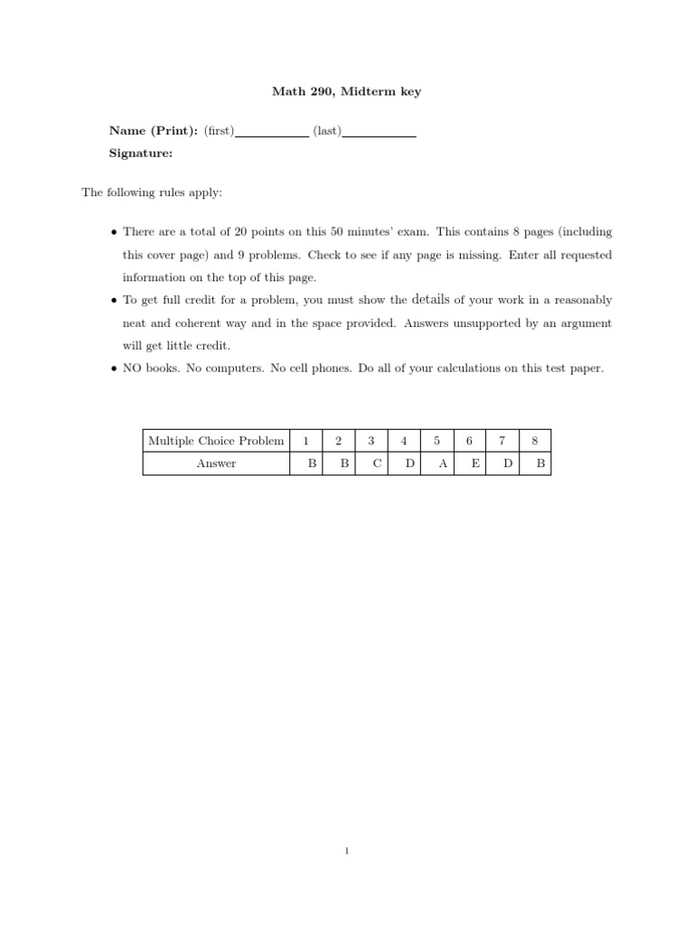 Math 290 Midterm Exam Key | PDF | Matrix (Mathematics) | System Of ...