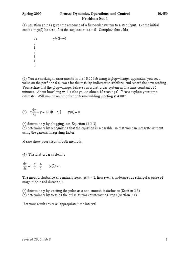 Problem Set 1: Spring 2006 Process Dynamics, Operations, and Control 10.450 | PDF