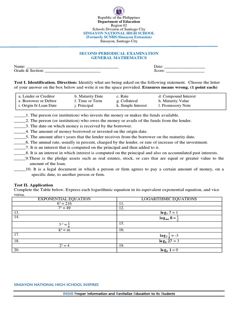 Exam General Mathematics Second Quarter | PDF | Interest | Debtor