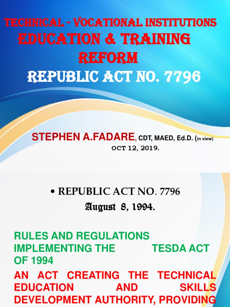 Presentation1 TECH VOC RA 7796 | PDF | Vocational Education | Certification