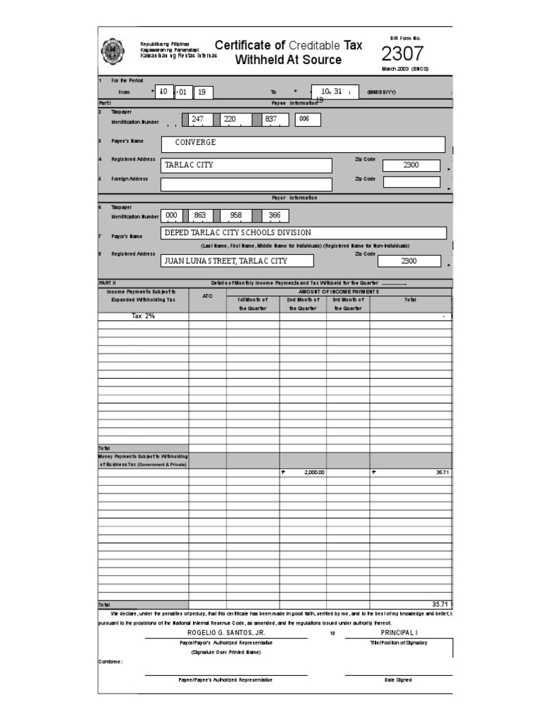 Certificate of Tax Withheld at Source: Creditable | PDF | Withholding ...