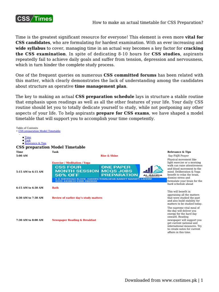 Timetable For Css Pdf Meal Lunch