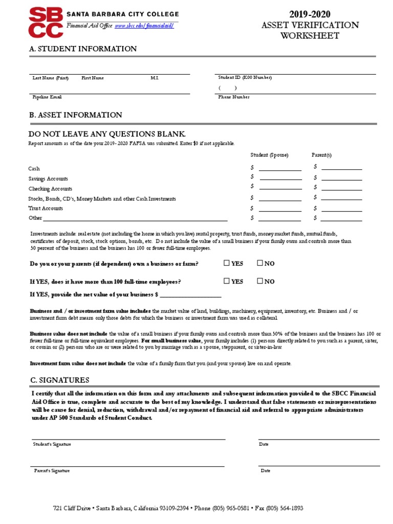 2019-2020 Asset Verification Form | PDF | Certificate Of Deposit ...