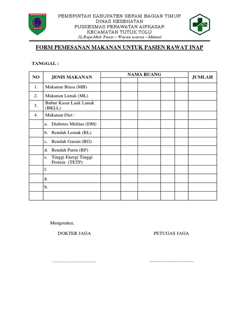 Form Pemesanan Makanan Puskesmas Perawatan Air Kasar | PDF | Teknologi ...