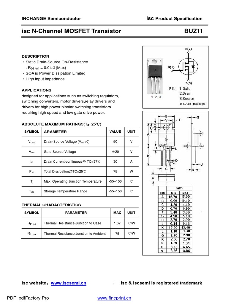 Isc N-Channel MOSFET Transistor BUZ11: INCHANGE Semiconductor Product ...