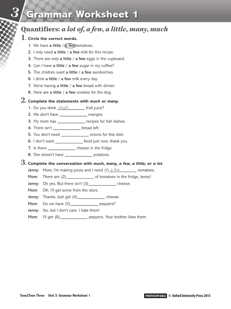 Grammar Worksheet 1: Quantifiers: A Lot Of, A Few, A Little, Many, Much ...