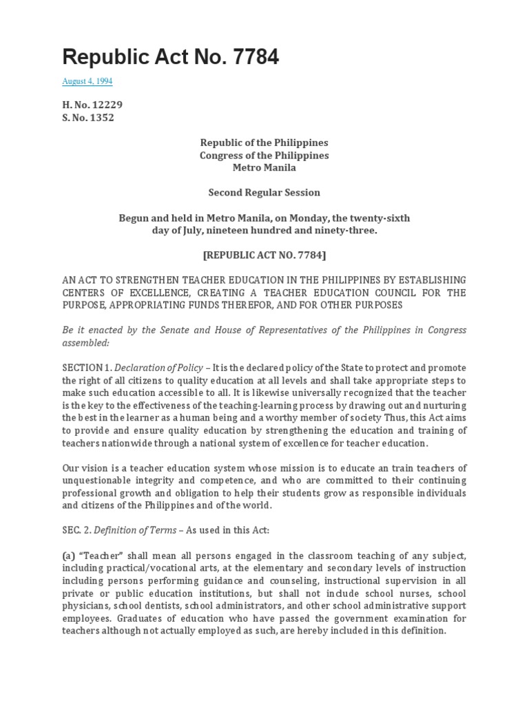 Republic Act No | PDF | Teacher Education | Teachers