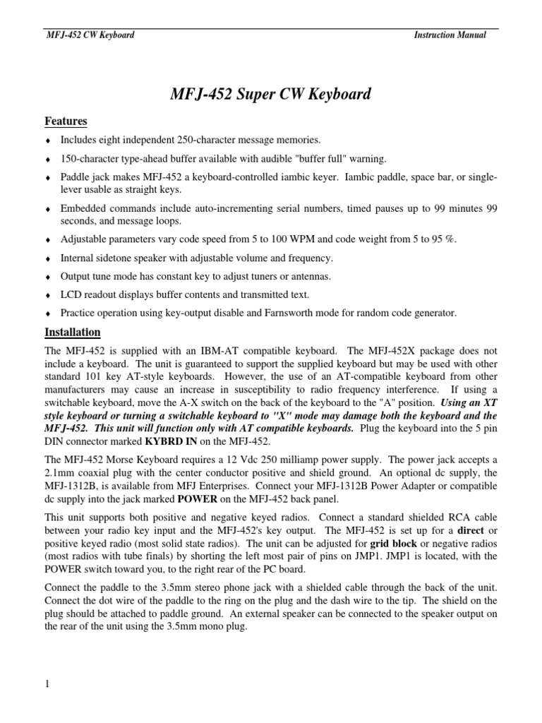 MFJ-452 Super CW Keyboard: Features | PDF | Character Encoding ...