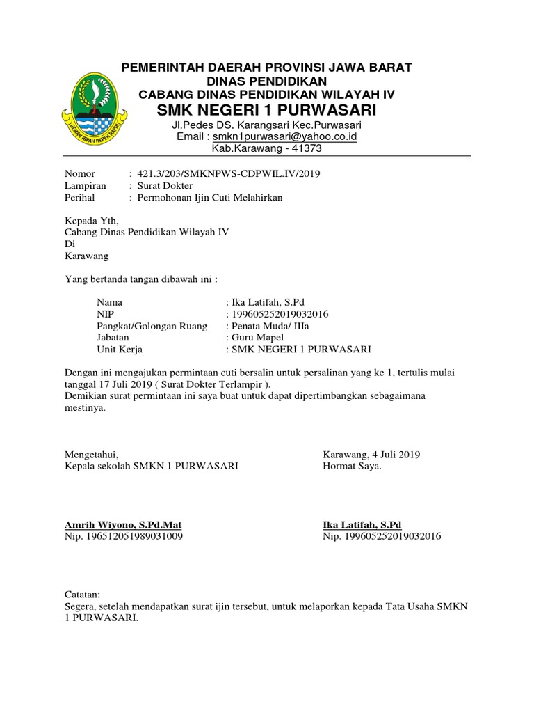 Surat Permohonan Ijin Cuti Melahirkan | PDF