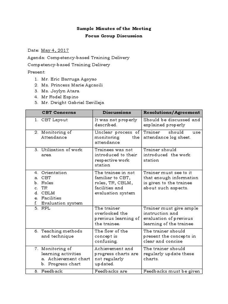 Sample Minutes of The Meeting Focus Group Discussion | PDF ...
