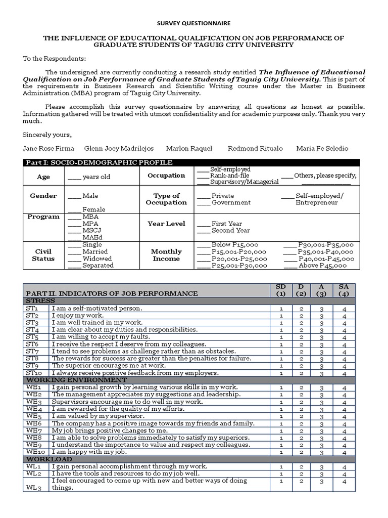 Survey Questionnaire - Job Performance | PDF | Performance Appraisal ...