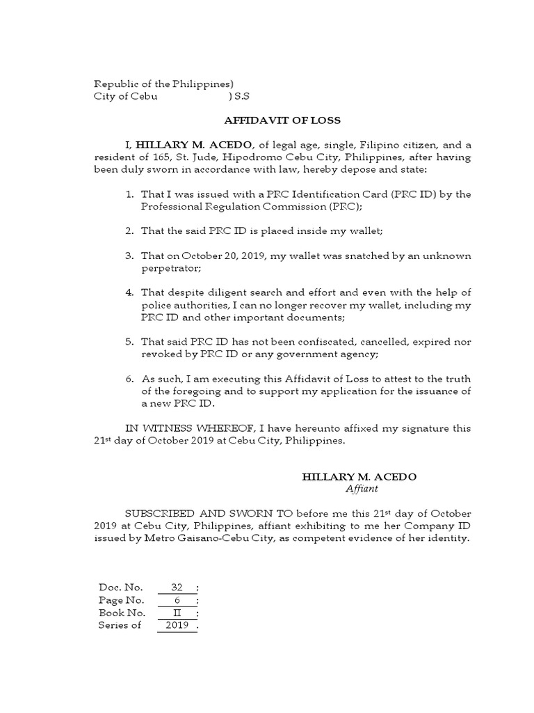 10.21. Affidavit of Loss (PRC - Acedo) | PDF