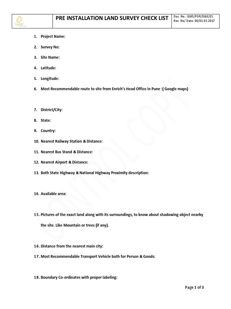 QMS-FOR-D&E-01 Pre Installation Site Survey Checklist | PDF | Earth ...